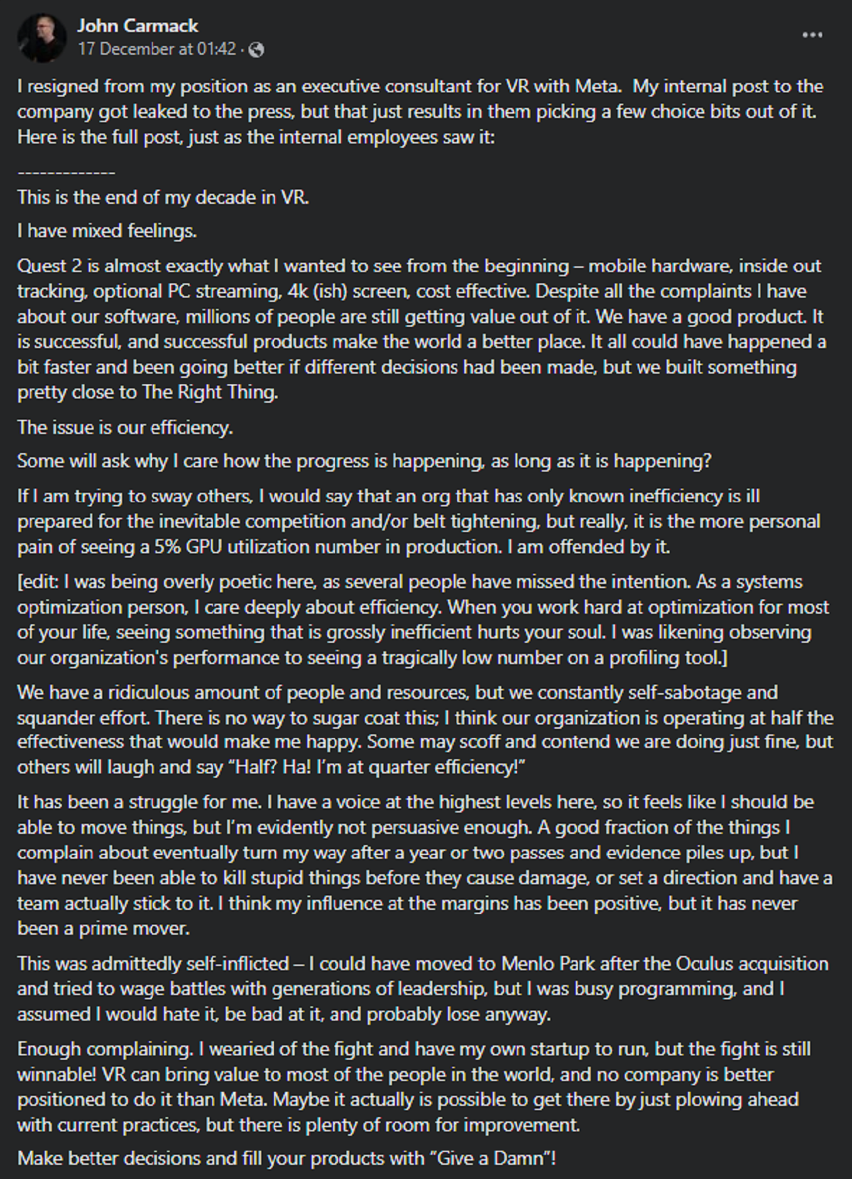 Virtual Reality Pioneer John Carmack Resigns From Meta - And Shares Some Home Truths ...